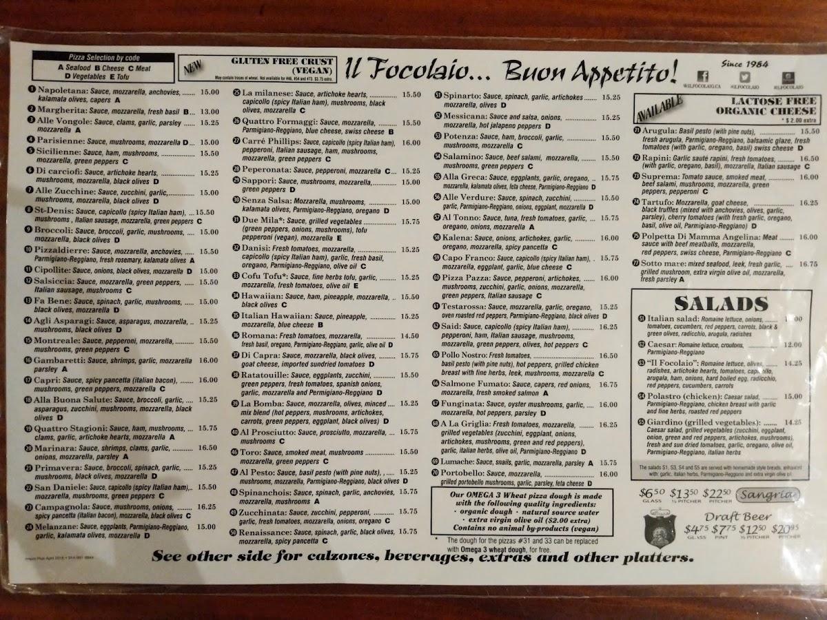 Menu at Pizza Il Focolaio pizzeria, Montréal