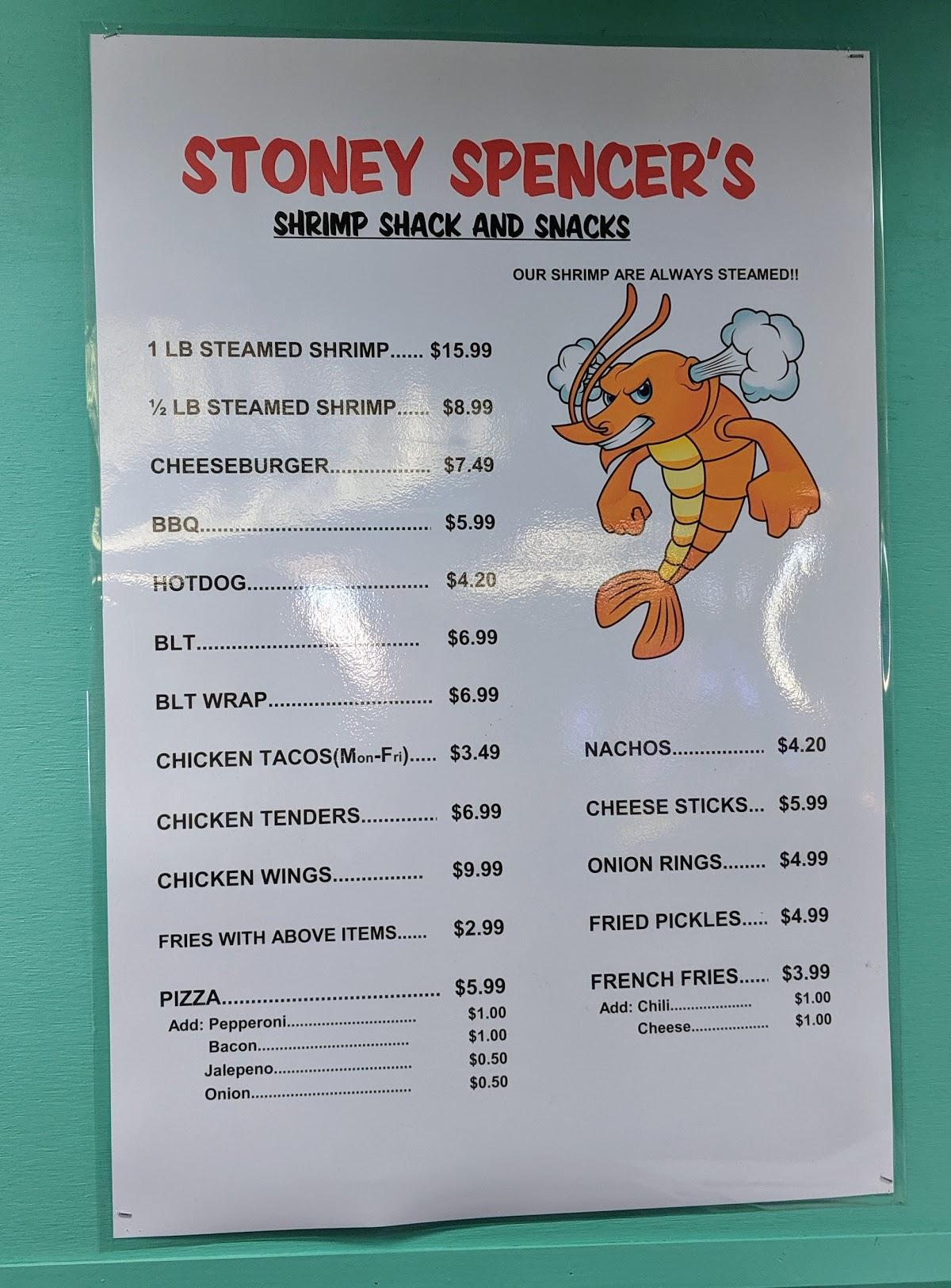 Menu at Stoney Spencer's Shrimp Shack restaurant, Kill Devil Hills