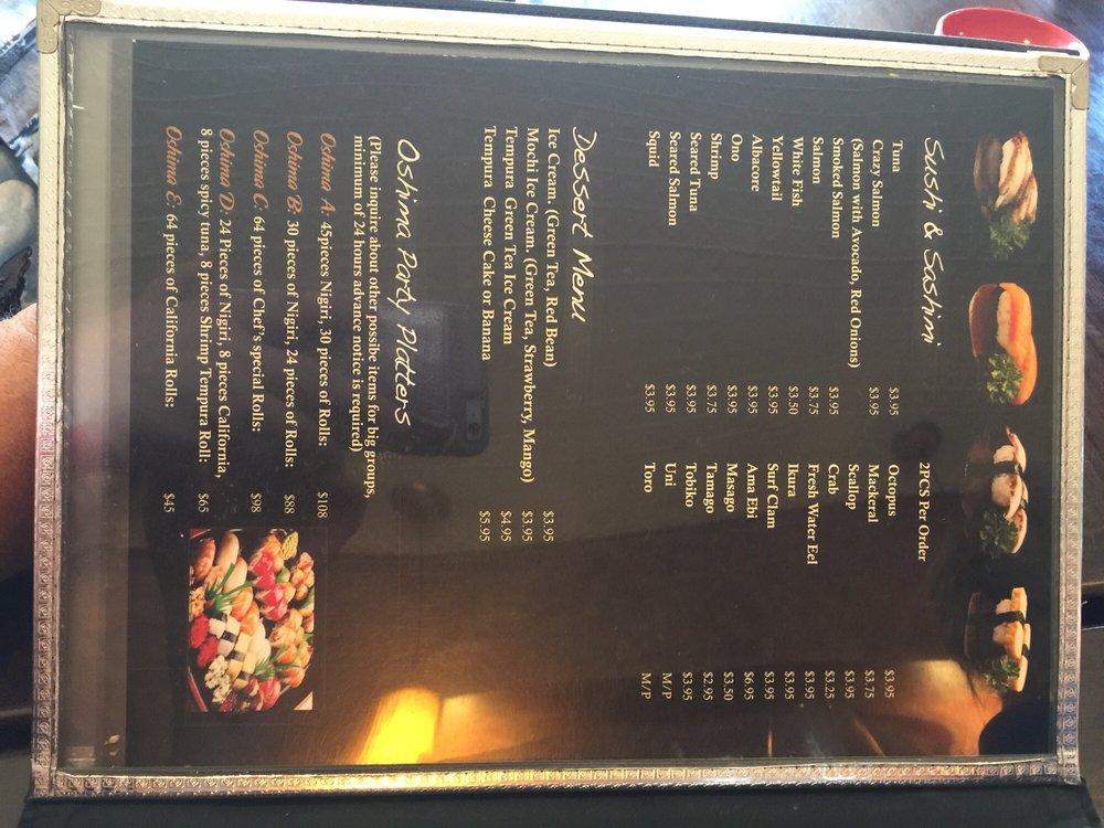 Menu at Oshima Sushi Japanese Cuisine restaurant, Sioux Falls