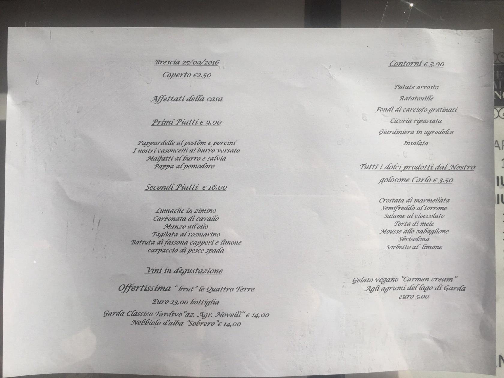 Menu at Osteria Al Bianchi restaurant, Brescia, Via Gasparo da Salò