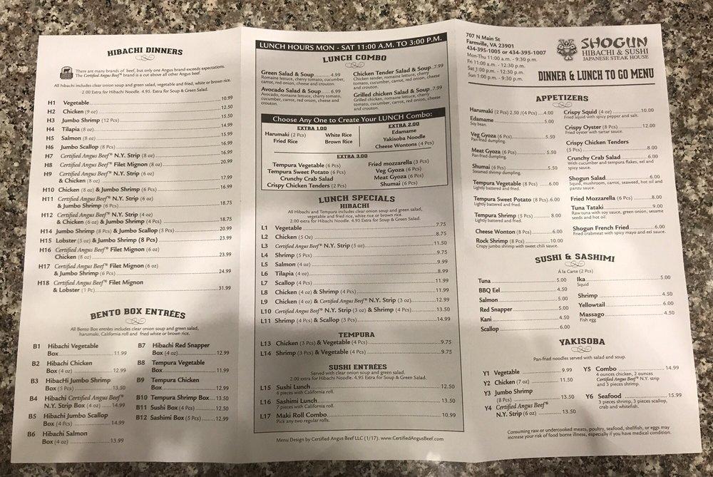 Menu at Shogun Steakhouse, Farmville, 707 N Main St