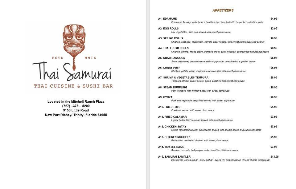 Menu at Thai Samurai Restaurant, New Port Richey, Little Rd