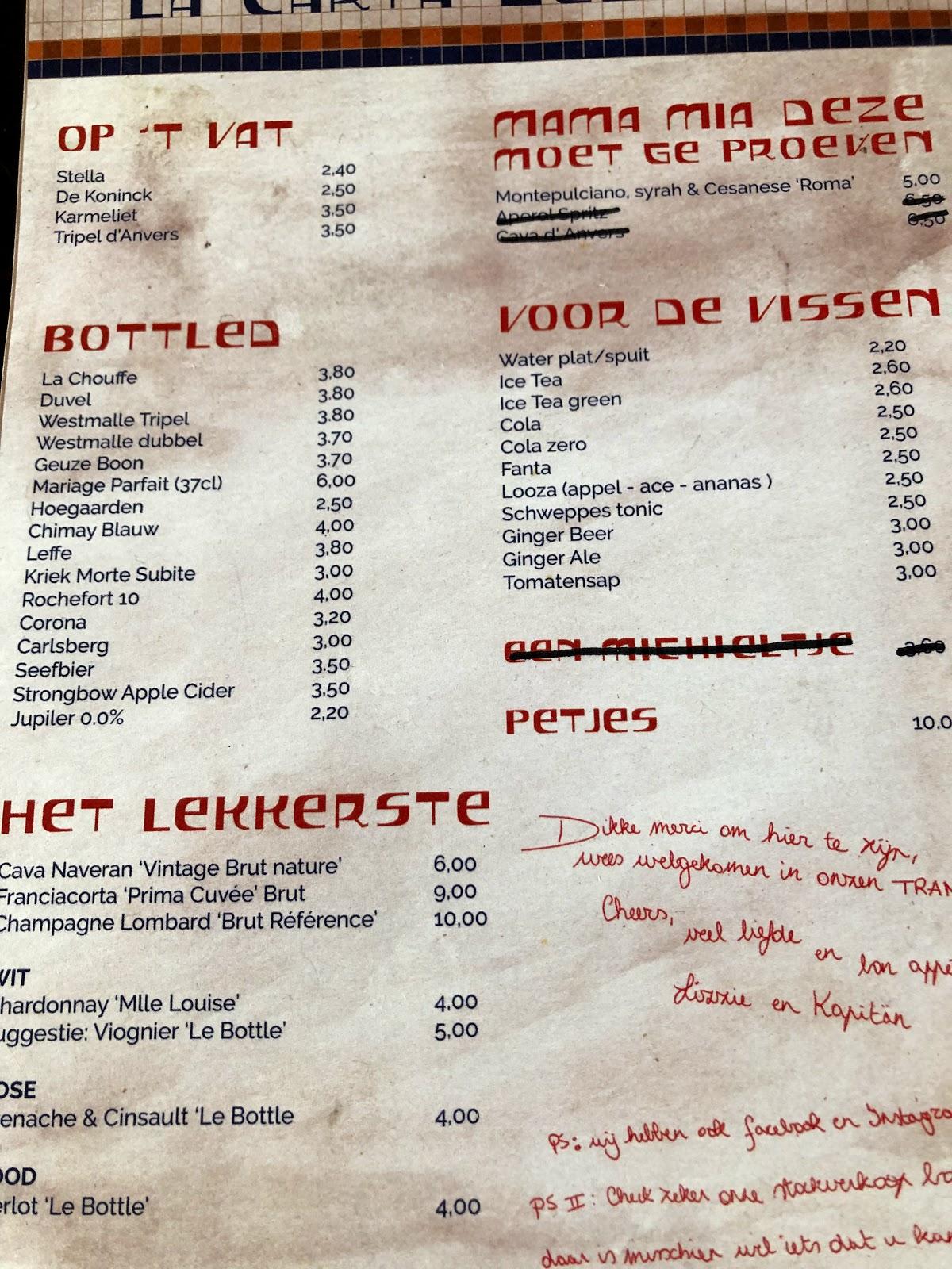 Menu at Tram 3, Antwerp