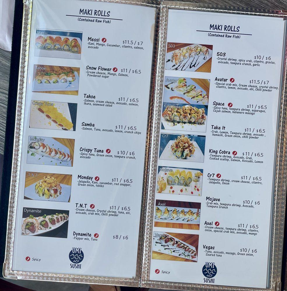 Menu at Umi Sushi restaurant, Reno