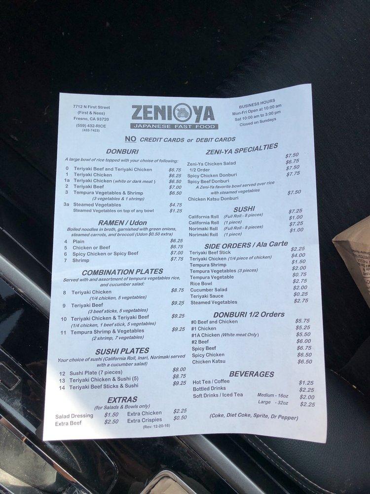 Menu at Zeni-Ya Japanese Fast Food, Fresno