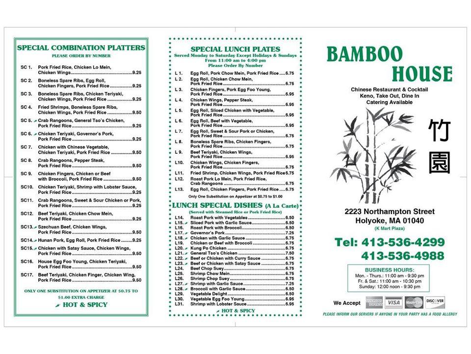 Carta del restaurante Bamboo House, Holyoke