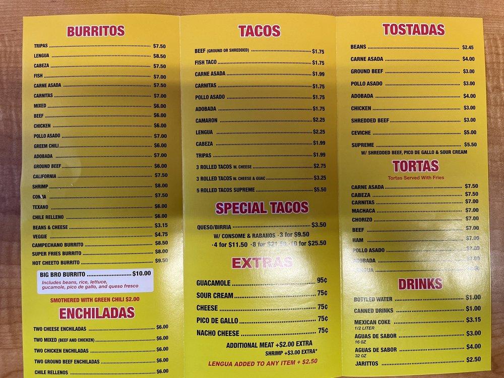 Menu at Gilberto's Taco Shop restaurant, Arlington