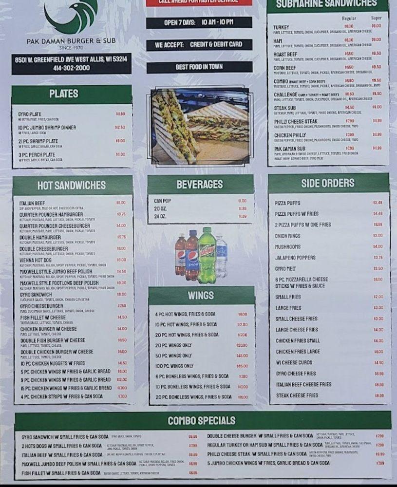 Menu at Pak Daman Burger & Sub restaurant, West Allis