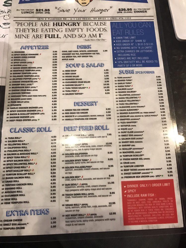 Menu at Sushi Hero restaurant, Las Vegas
