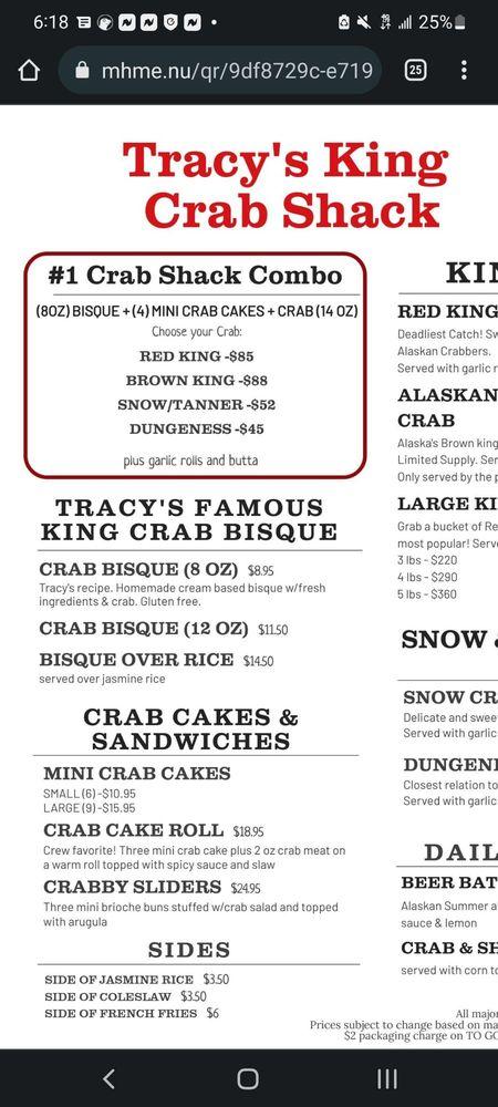 Menu at Tracy’s King Crab Shack restaurant, Juneau, 432 S Franklin St