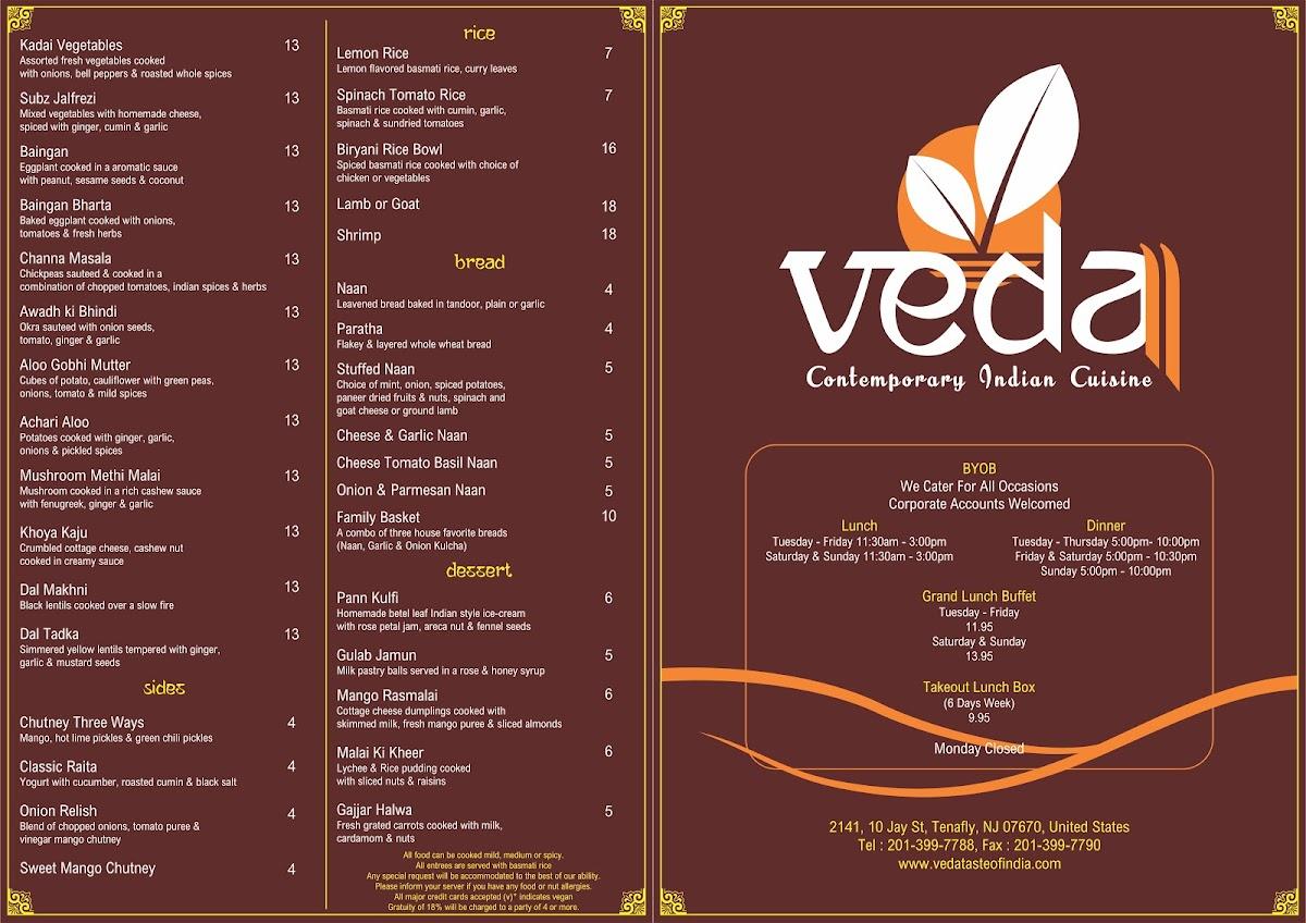 Menu at Veda Tenafly NJ Indian BYOB NJ Restaurant (Contemporary Indian ...
