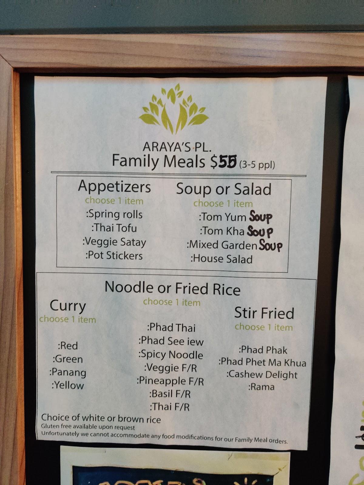 Menu at Araya's Place on E. Madison restaurant, Seattle, E Madison St