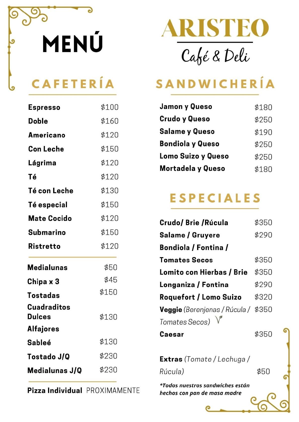 Menu at Aristeo Cafe & Deli, Avellaneda