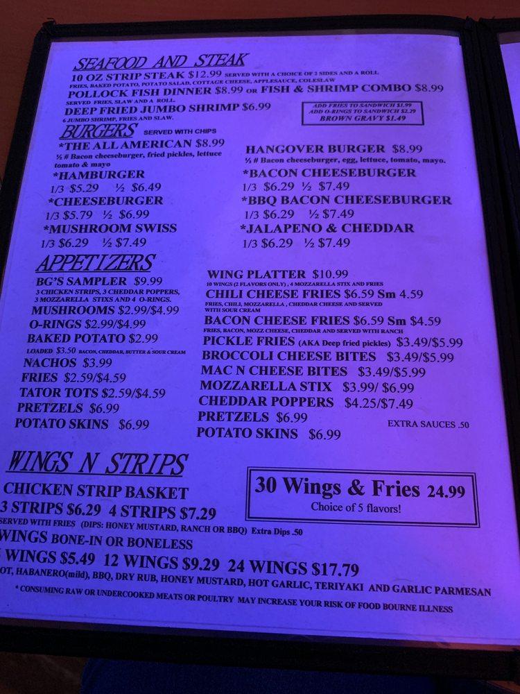 Menu at BG's Main Event BBQ, Rittman