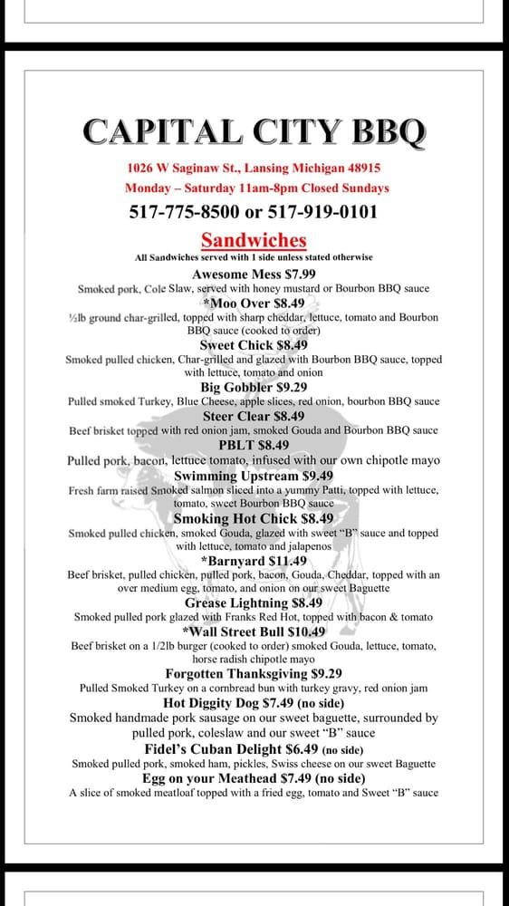 Menu at Capital City BBQ, Lansing