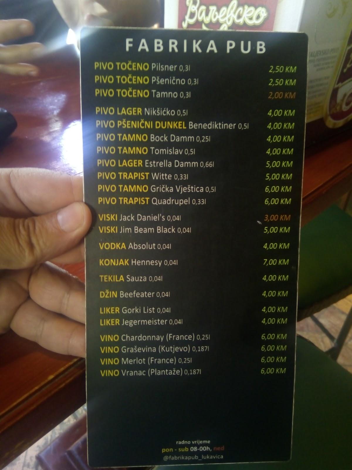 Speisekarte von FABRIKA PUB, Lukavica