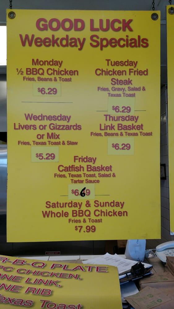 Carta de barbacoa Good Luck Drive inn, Fort Worth