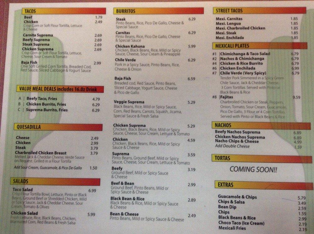Menu at Mexicali Express restaurant, Beaverton, SW Canyon Rd #2104