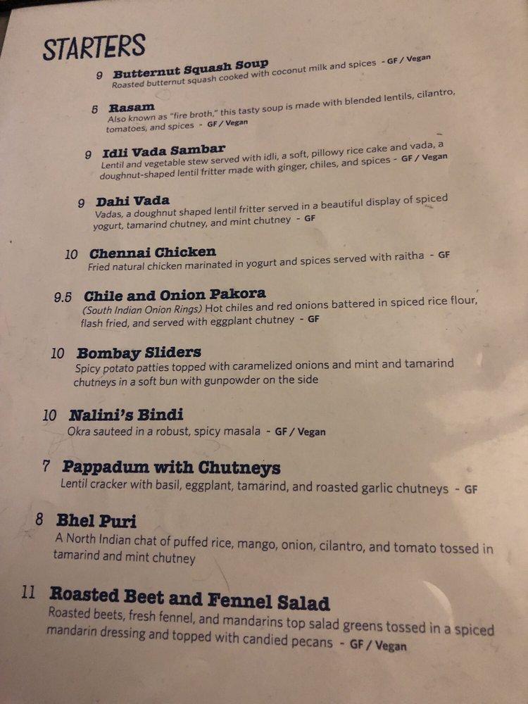 Menu at Paper Dosa restaurant, Santa Fe