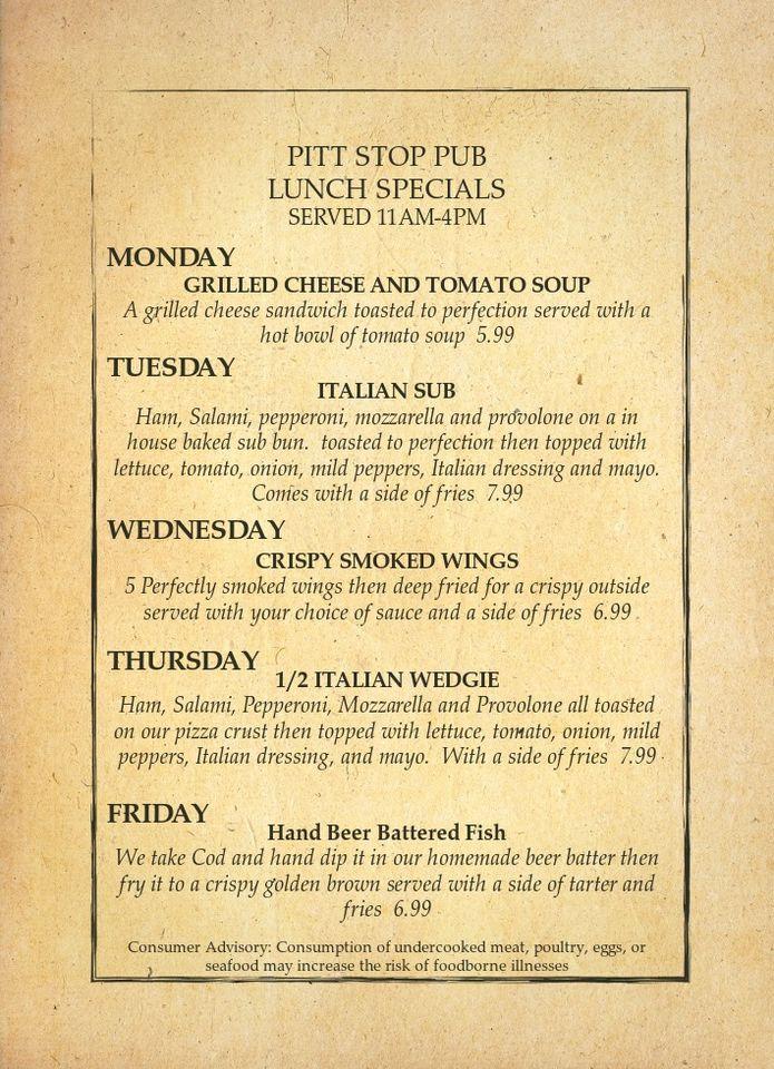 Menu at Pitt Stop Pub, Mercer
