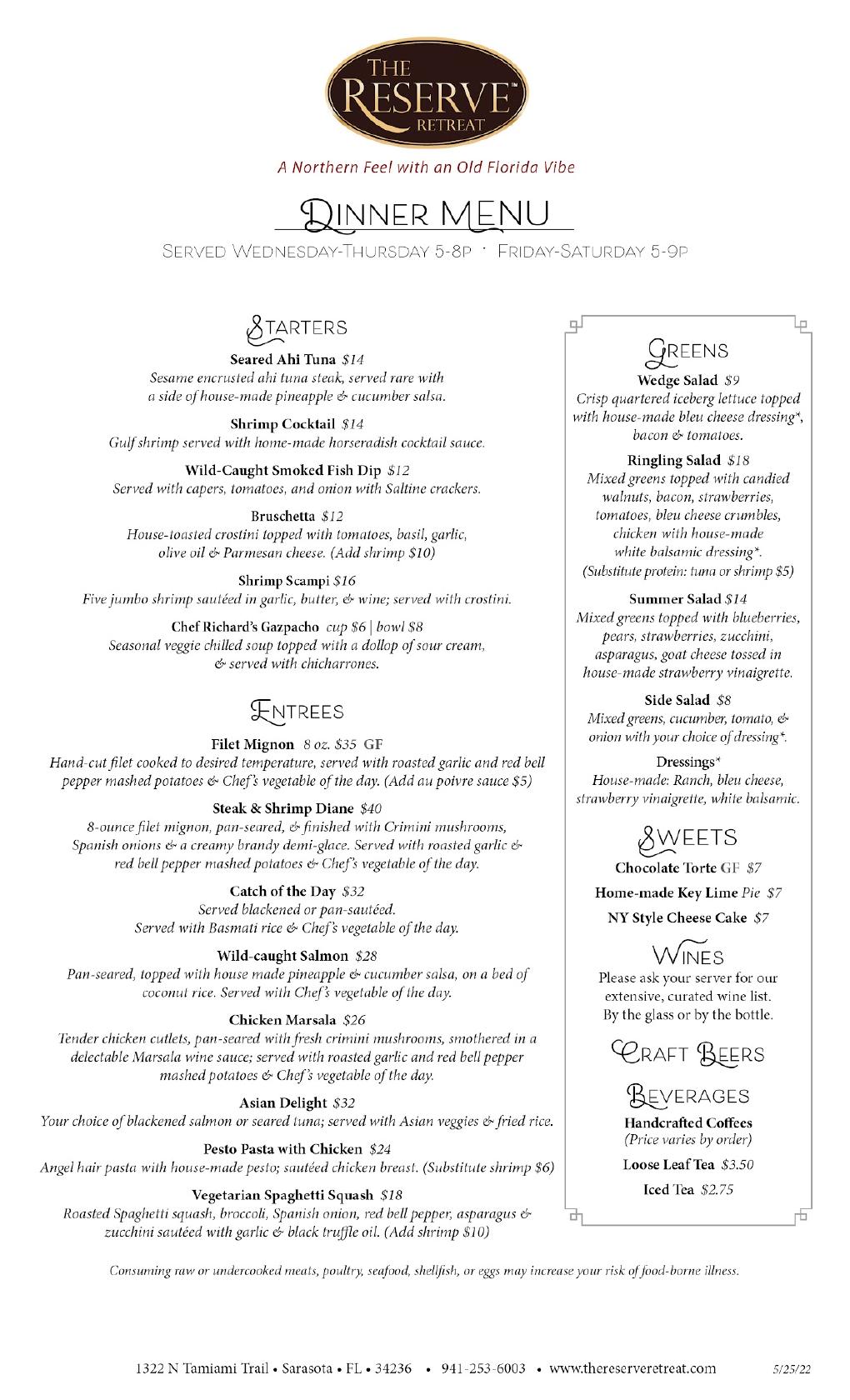 Menu at The Reserve Retreat restaurant, Sarasota