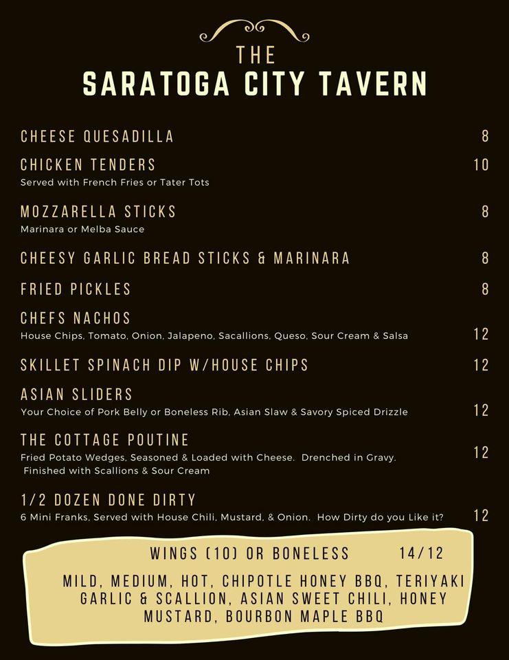 Menu at The Saratoga City Tavern pub & bar, Saratoga Springs