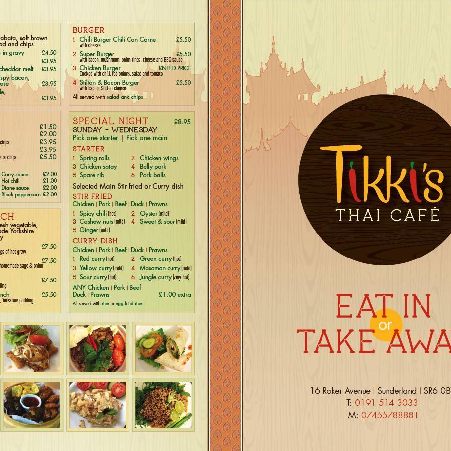 Menu at Tikki Thai cafe in Sunderland, Sunderland