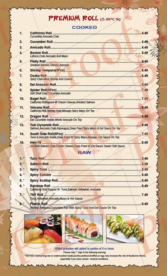 Menu at Toki sushi & steak house restaurant, Barnesville