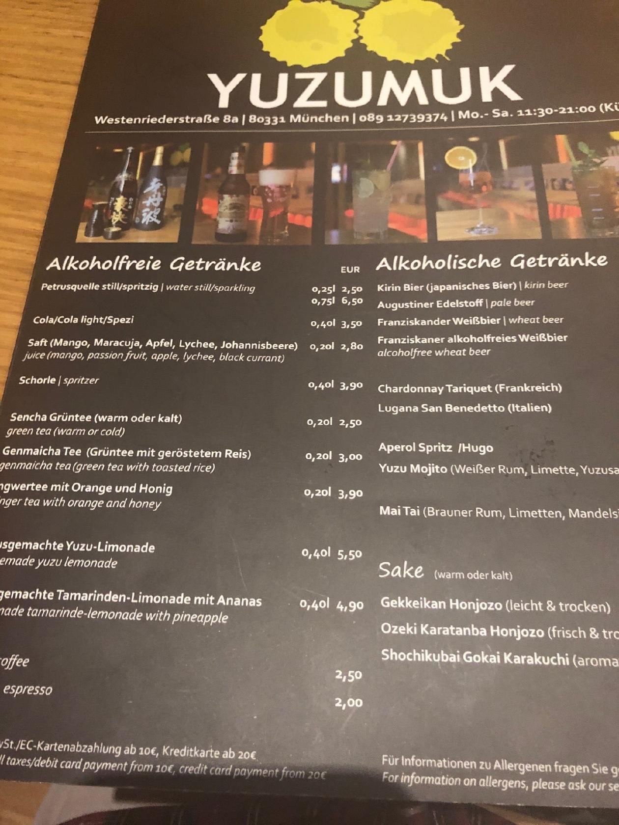 Menu at Yuzumuk restaurant, Munich