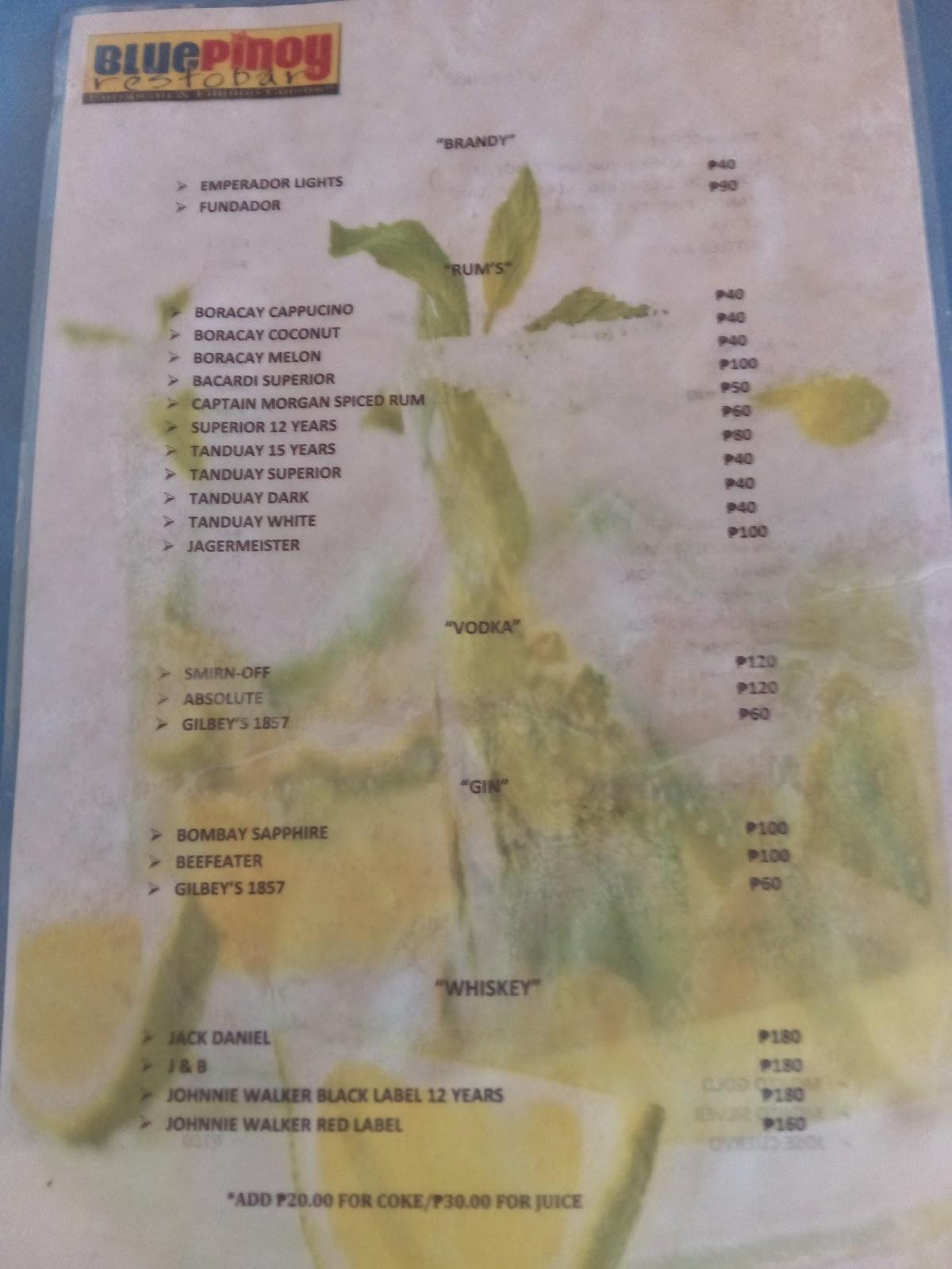 Menu at Blue Pinoy Bar and Restaurant, Puerto Princesa