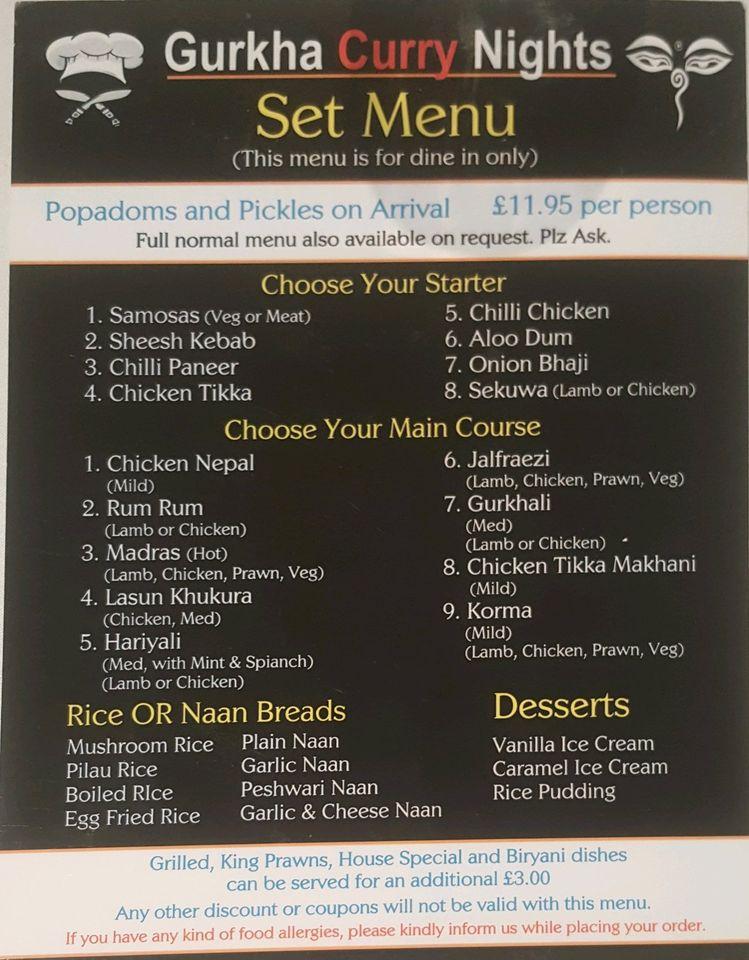 Menu at Gurkha Curry Nights restaurant, Nottingham