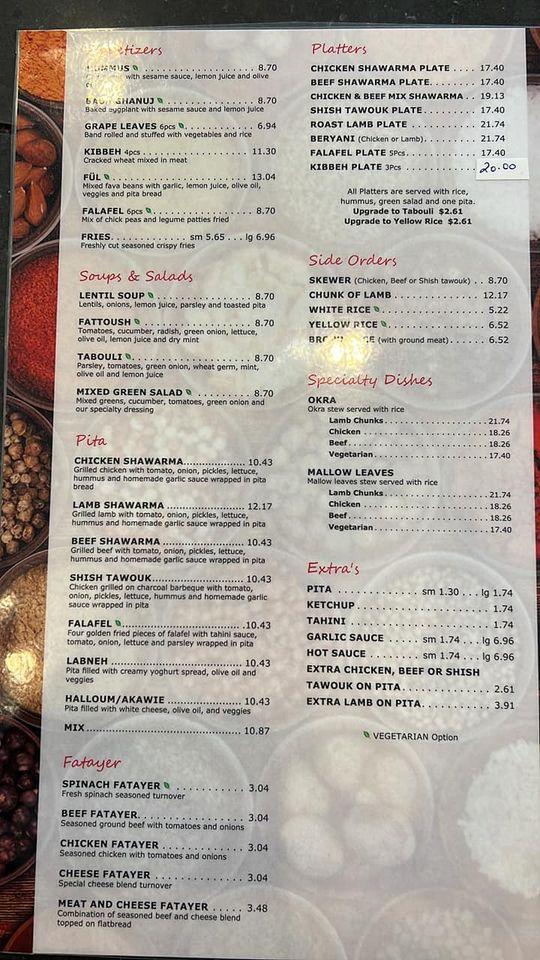 Menu at Lebanese Flower Restaurant, Sydney, 14 Dorchester St