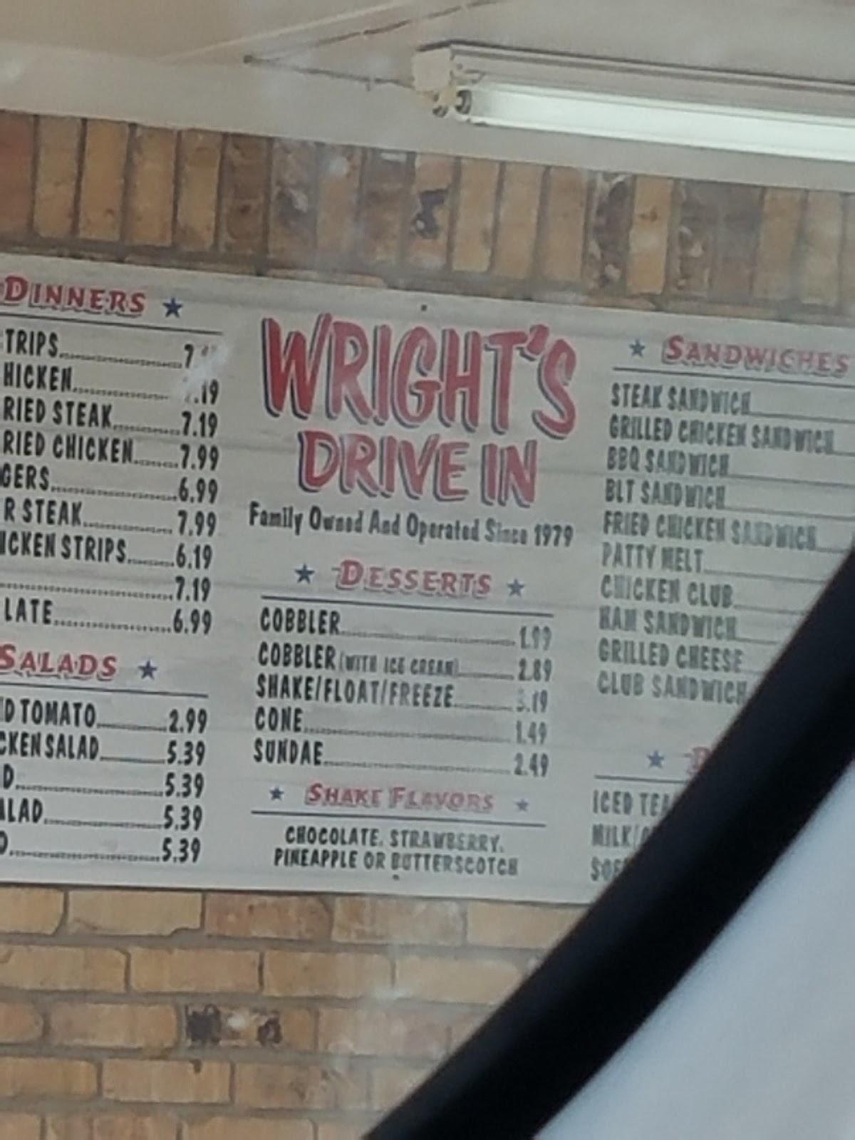 Menu at Wright's Drive In restaurant, Durant