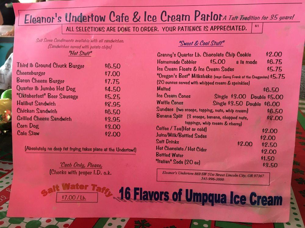 Menu at Eleanor's Undertow Takeout restaurant, Lincoln City