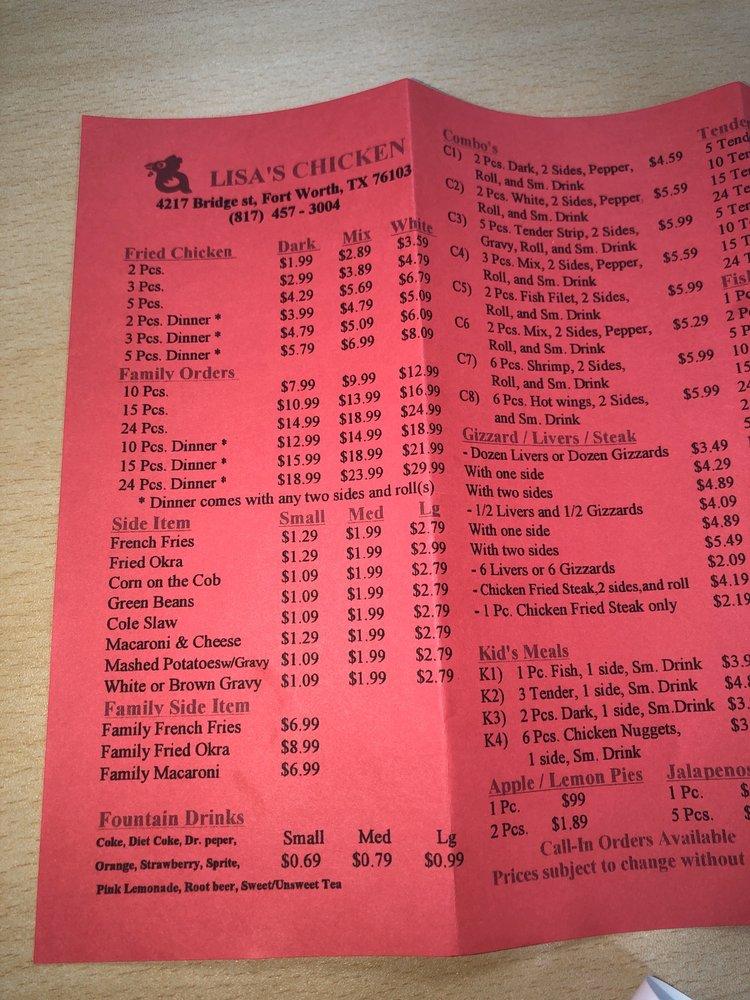 Menu at Lisa's Chicken fast food, Fort Worth, Bridge St