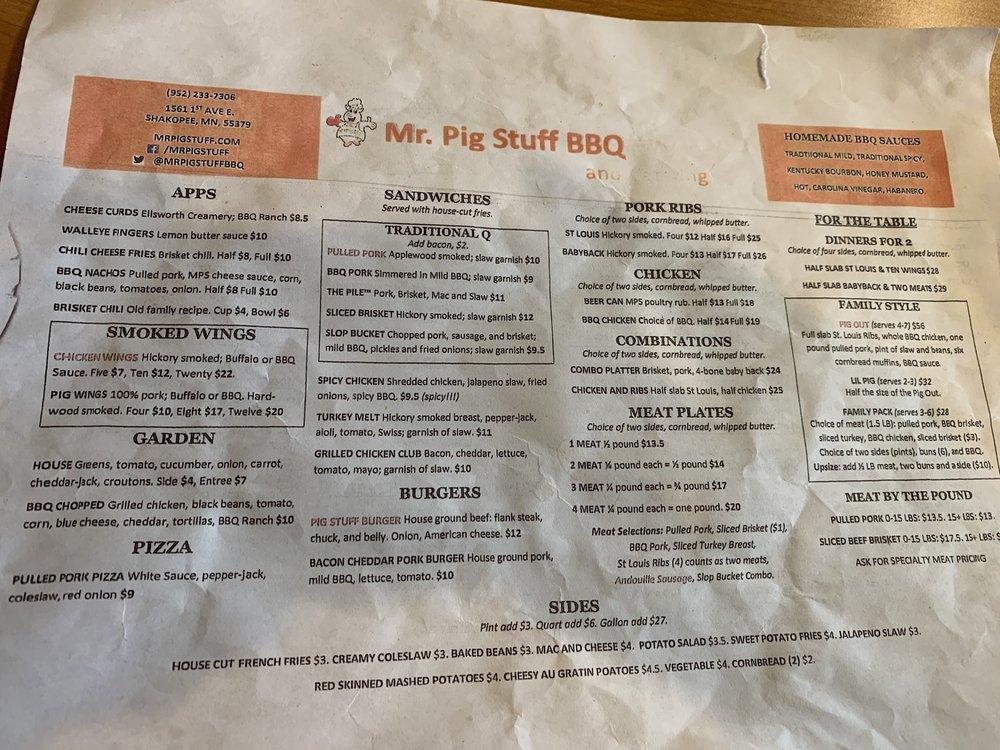 Menu at Mr. Pig Stuff pizzeria, Shakopee