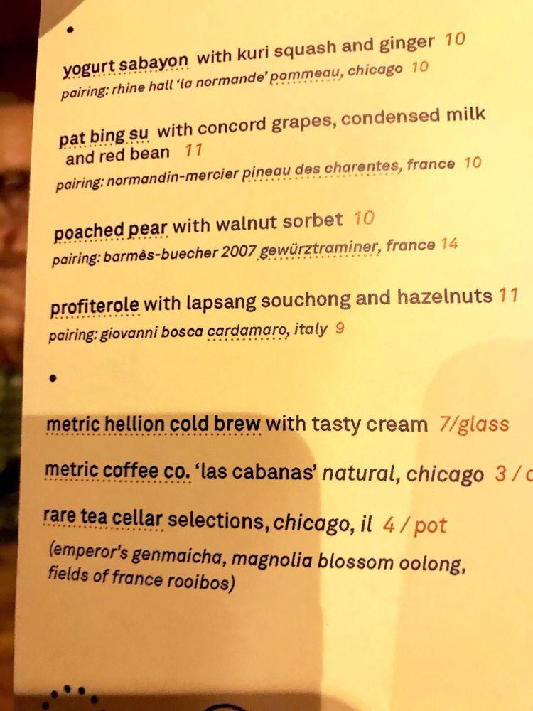 Menu at Parachute restaurant, Chicago