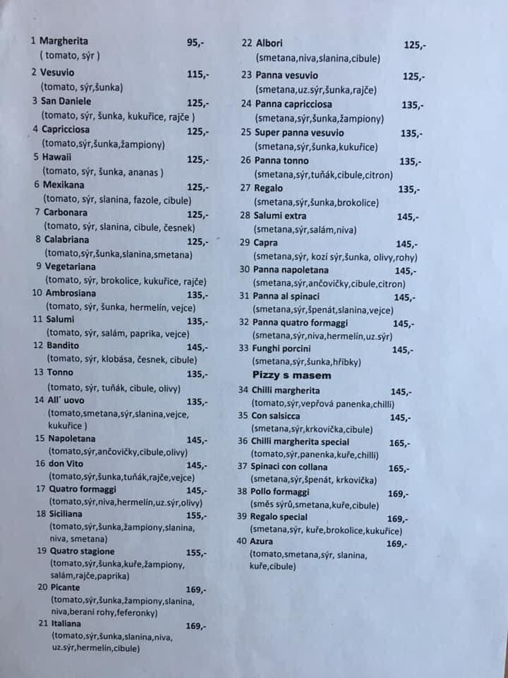 Menu at Pizza pro Vás restaurant, Velké Popovice