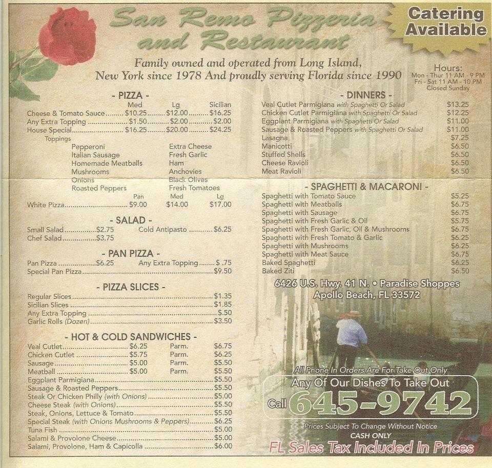 Menu at San REMO Pizza Restaurant, Apollo Beach