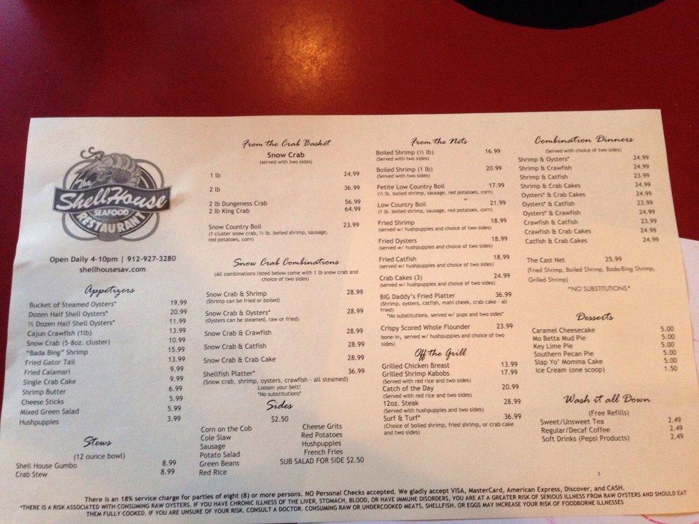 Menu at The ShellHouse Seafood Restaurant, Savannah
