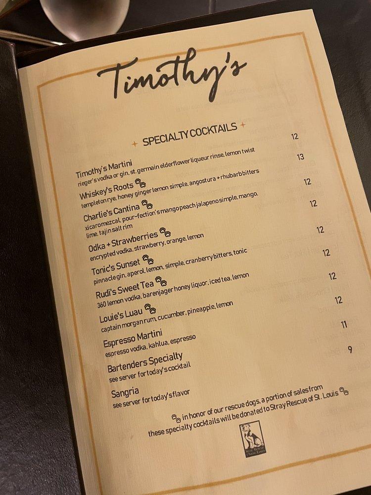 Menu at Timothy's pub & bar, Creve Coeur
