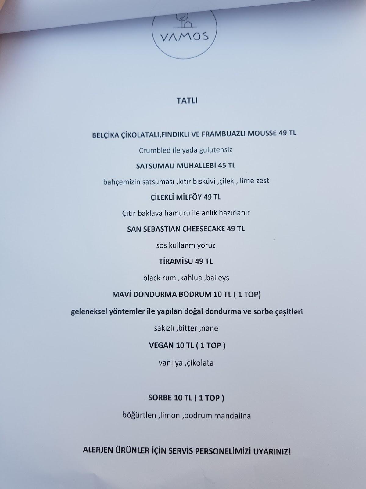 Menu at Vamos Bodrum, Bodrum