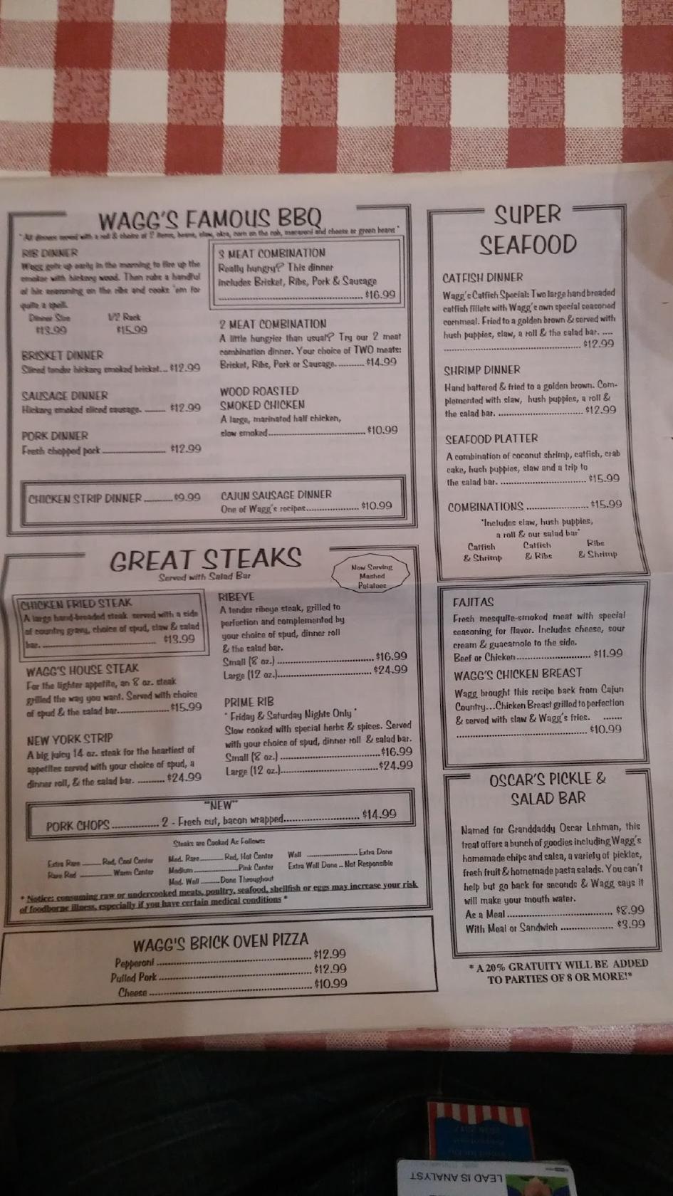 Menu at Wagg's Bar-B-Q, Woodward
