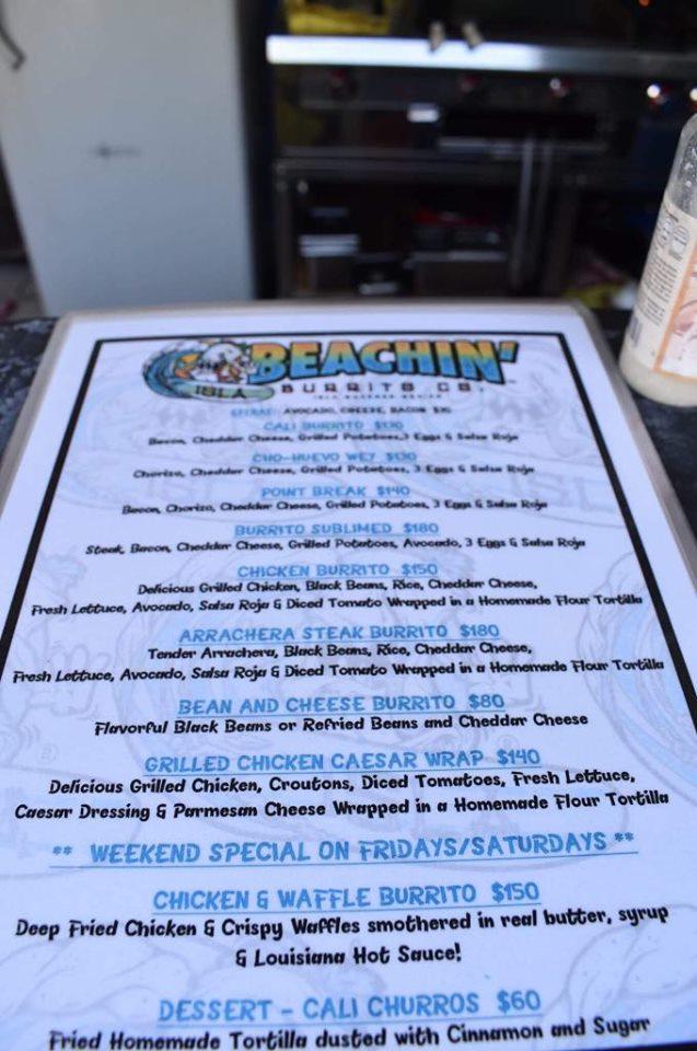 Menu at Beachin' Burrito restaurant, Isla Mujeres