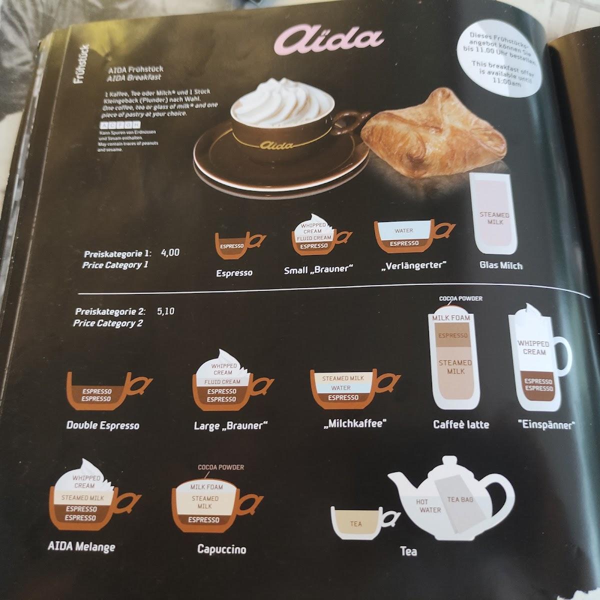 Menu at Café-Konditorei Aida cafe, Vienna, Opernring 7