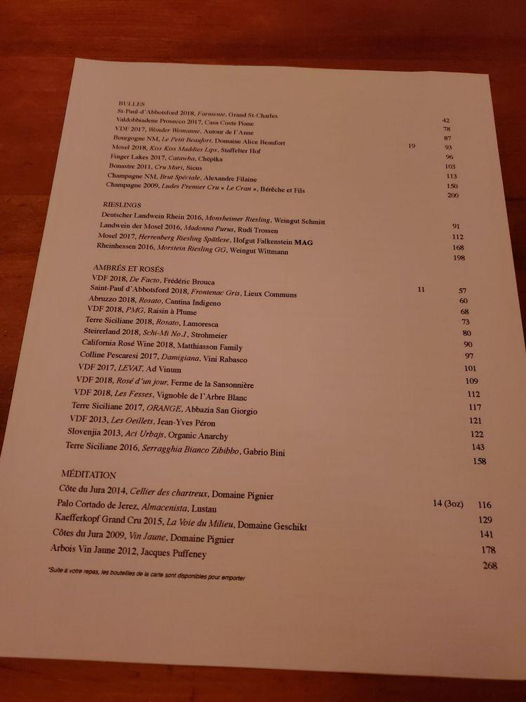 Menu at Candide restaurant, Montréal, 551 Rue Saint-Martin