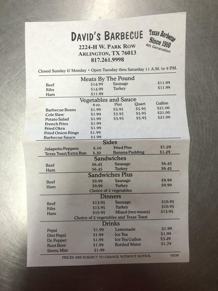 Menu at David's Barbecue, Pantego