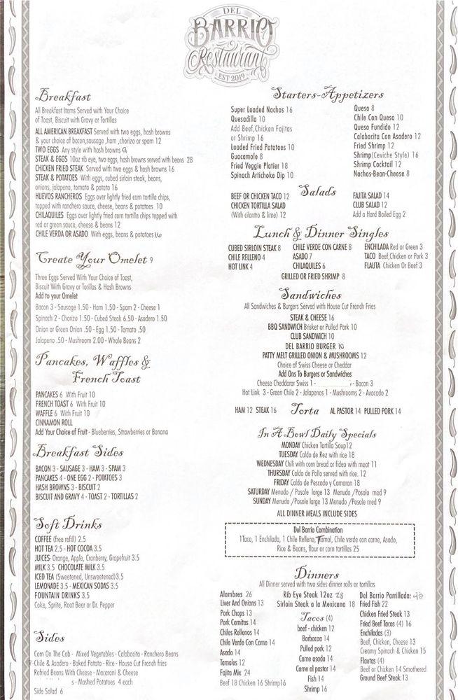 Menu at Del Barrio Restaurant, Pecos, 510 E 3rd St