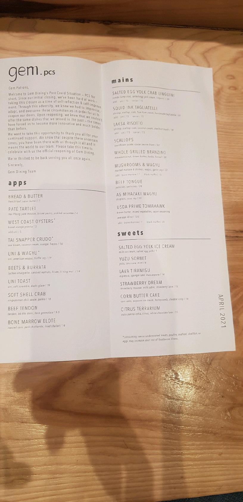 Carta del restaurante Gem Dining, Fountain Valley
