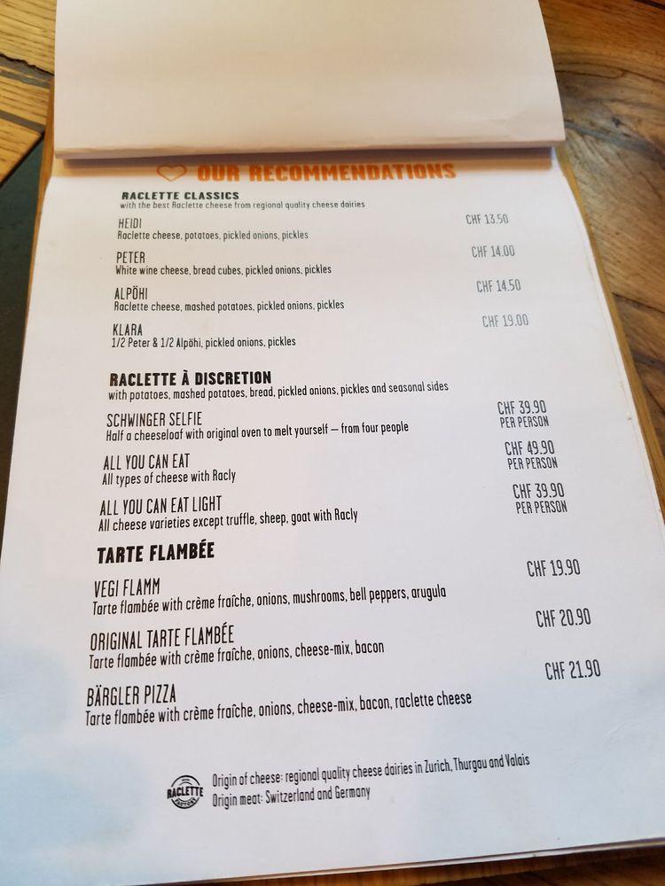 Menu at Raclette Factory, Zürich